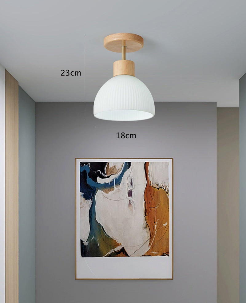 Ribbed Ceramic Cup LED Flush Mount Ceiling Light with Wooden Fixture i ...