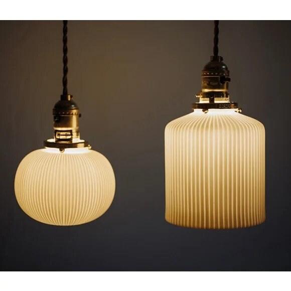 Ceramic Ribbed Pendant LED Light in Japanese Sphere Shape - Bulb Inclu ...