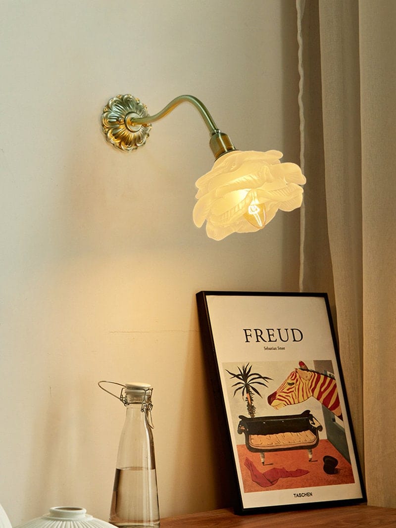 Frosted Layered Glass Flower Wall Light with Brushed Brass Carved Flow ...