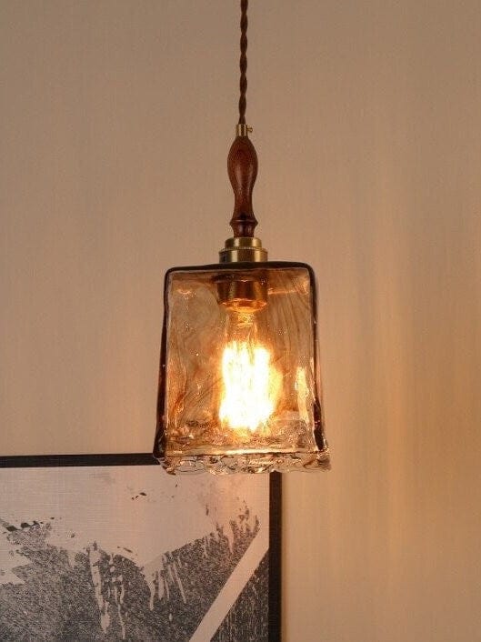 Handmade Embossed Tea Glass Pendant LED Light with Wooden Handle in Vi ...