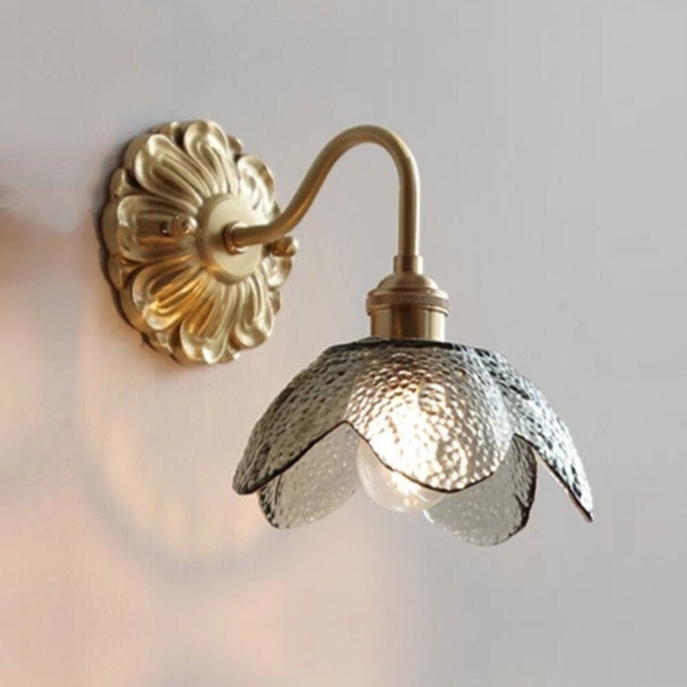 Seeded Glass Lotus Flower Wall Light with Brushed Brass Carved Flower ...