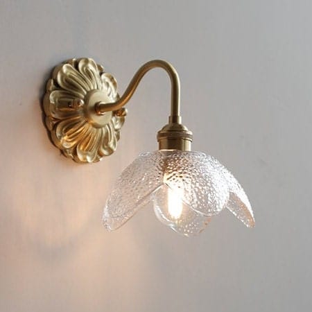 Seeded Glass Lotus Flower Wall Light with Brushed Brass Carved Flower ...